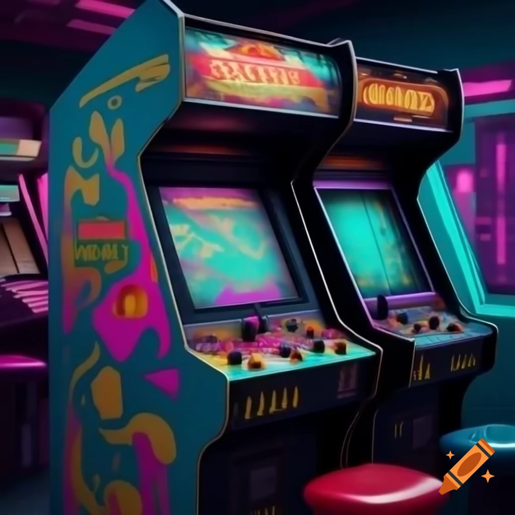 Vibrant 80s-themed arcade with retro-futuristic and vaporwave ...