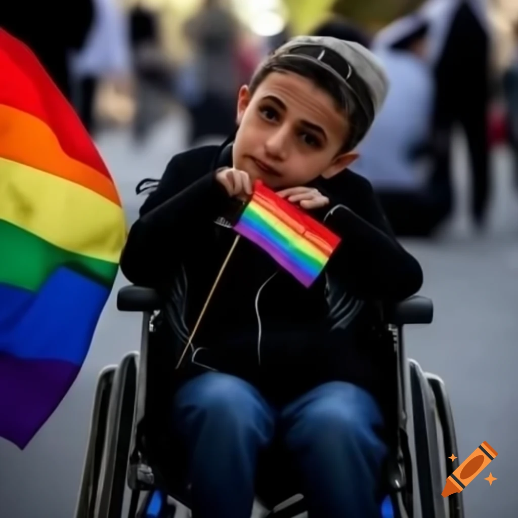 Black disabled autistic child in wheelchair holding pride flag and ...