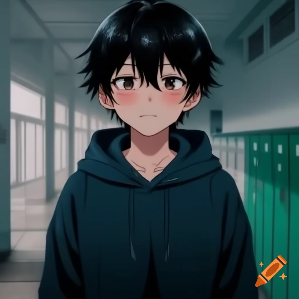 Young anime character in hoodie in dimly lit school corridor on Craiyon