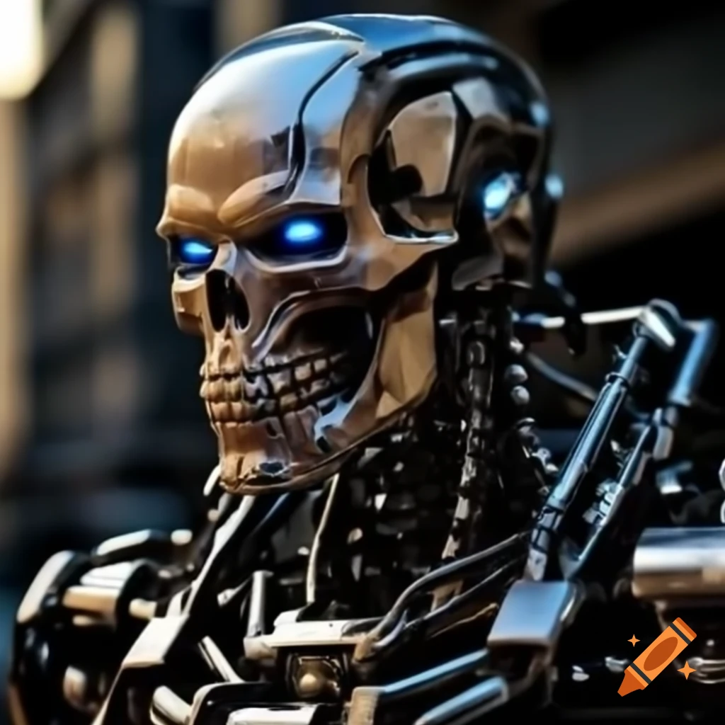 Terminator endoskeleton with blue eyes and chrome features on Craiyon