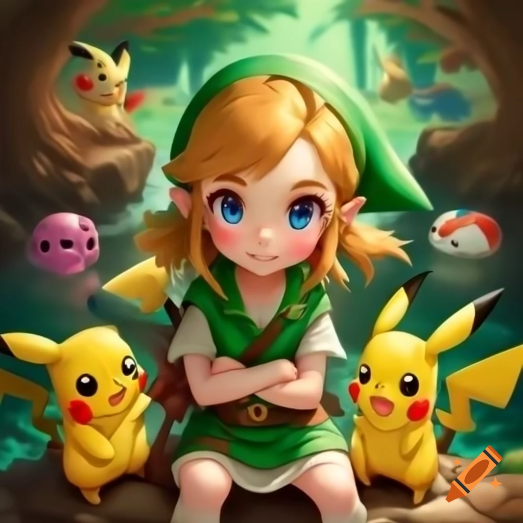 Pikachu dressed as Link in green tunic ready for battle in an adventure ...
