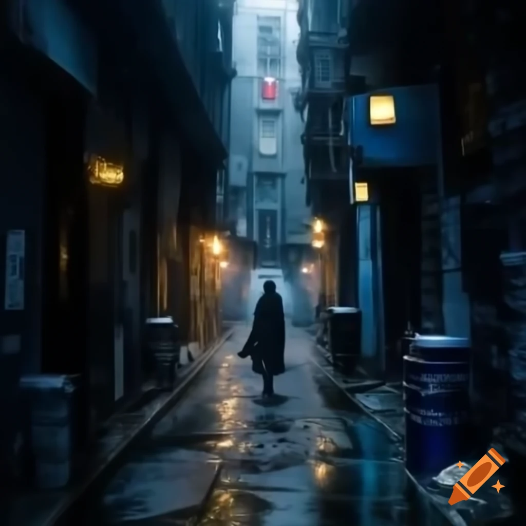 Dramatic shadowy alley illuminated by subtle light on Craiyon