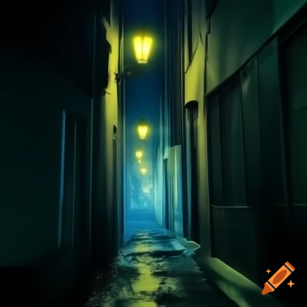 Mysterious lights in shadowy alley suggesting hidden stories on Craiyon