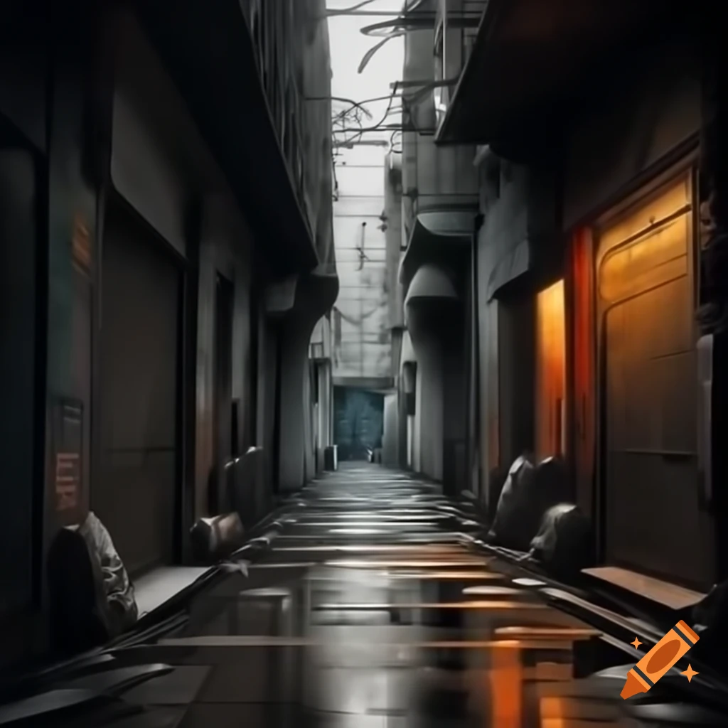 Detailed view of a dimly lit alley in an urban environment on Craiyon