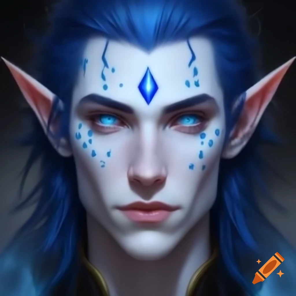 Astral elf hunter with pale skin, blue glowing dots, cerulean eyes, and ...