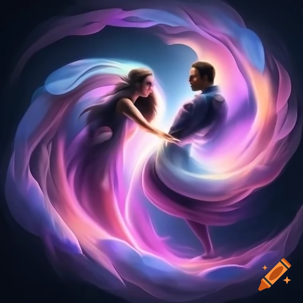 Abstract art of waterdrops and waves featuring a couple dancing ...