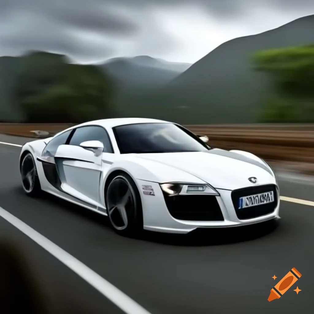 Futuristic white audi r8 2004 speeding on mountain street in jungle under cloudy weather on Craiyon