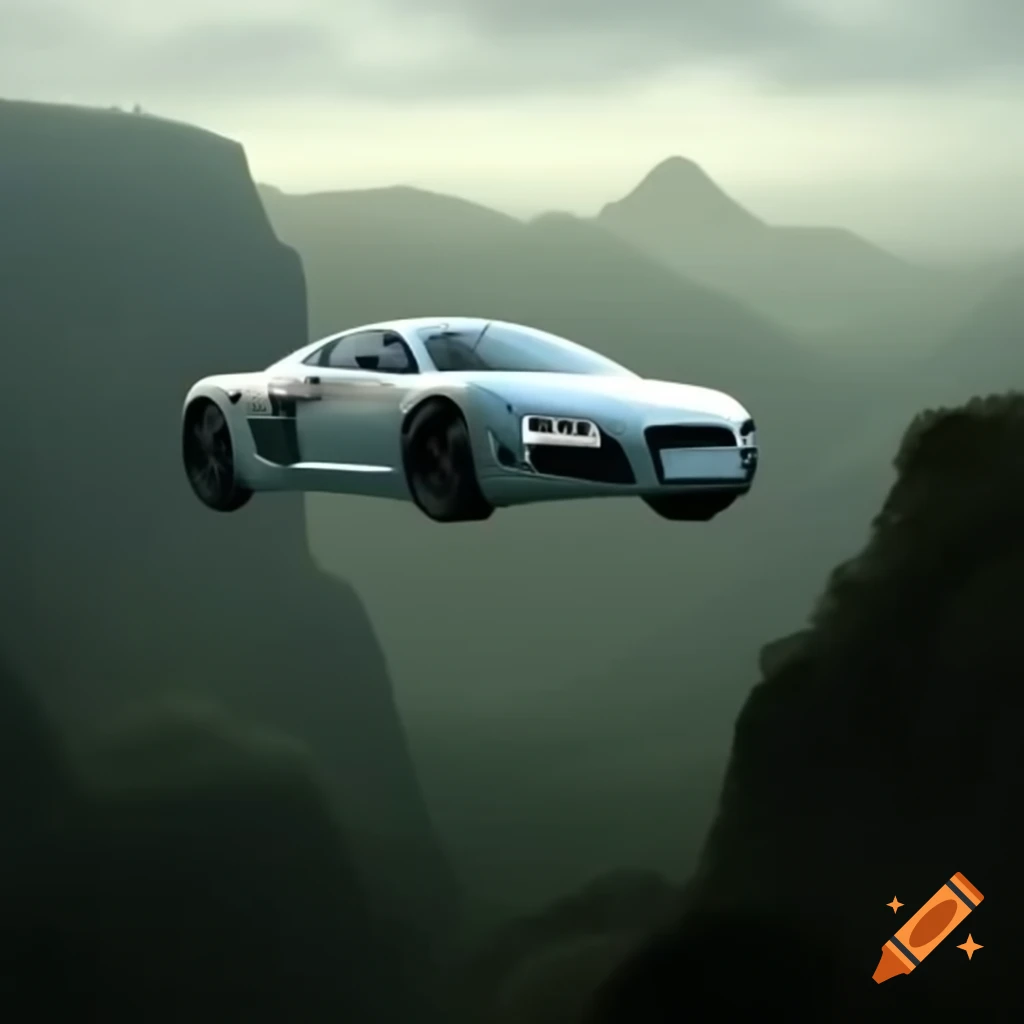 Futuristic white audi r8 2004 jumping off a cliff in mountainous jungle with cloudy weather on ...