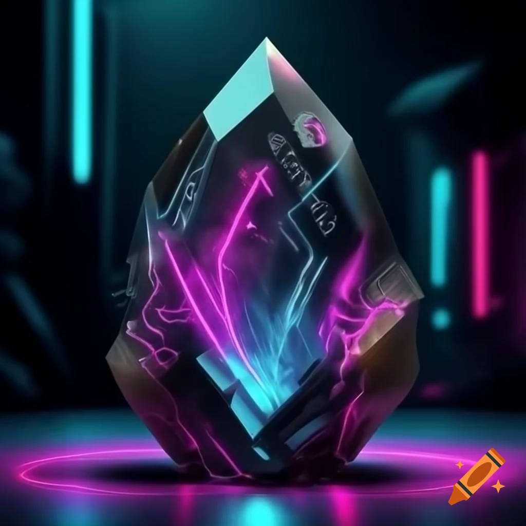 Cyberpunk energy crystal with neon circuits against dark futuristic ...
