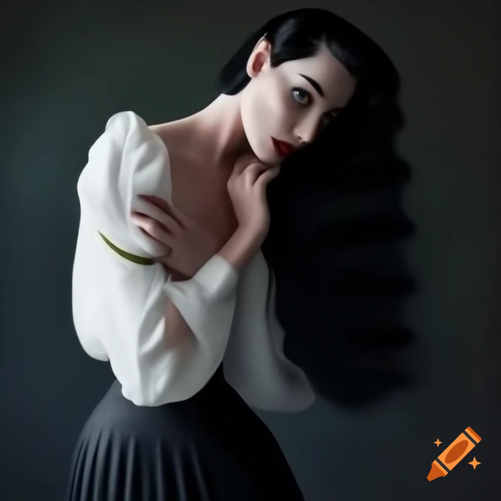 Ethereal elven woman in white blouse and black pencil skirt with captivating gaze on Craiyon
