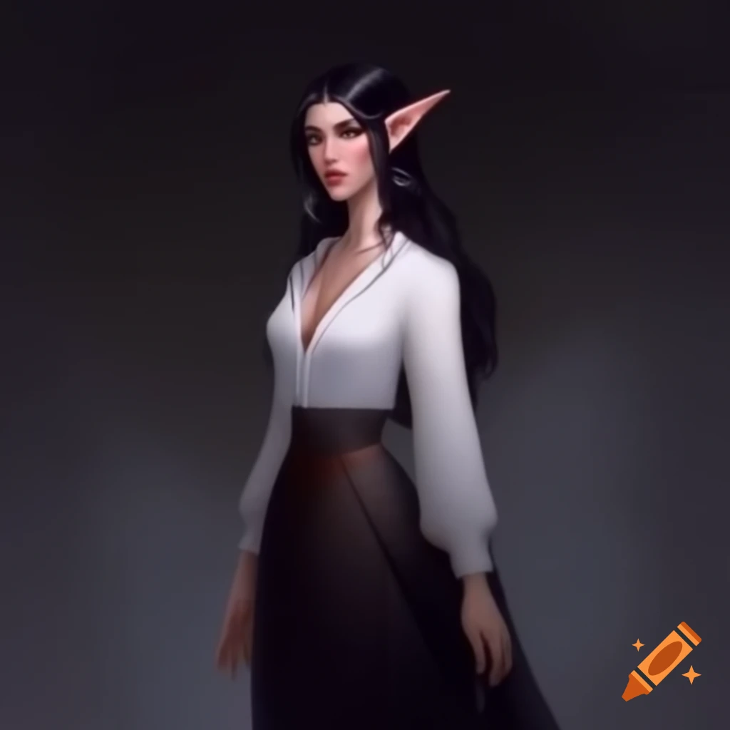 Ethereal elven woman with raven hair in elegant white blouse and pencil skirt, full-length ...