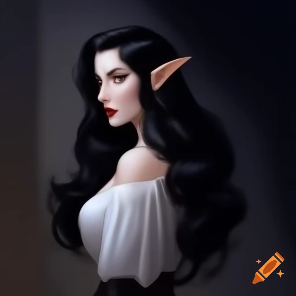 Ethereal elven woman in white blouse and black pencil skirt with captivating gaze on Craiyon