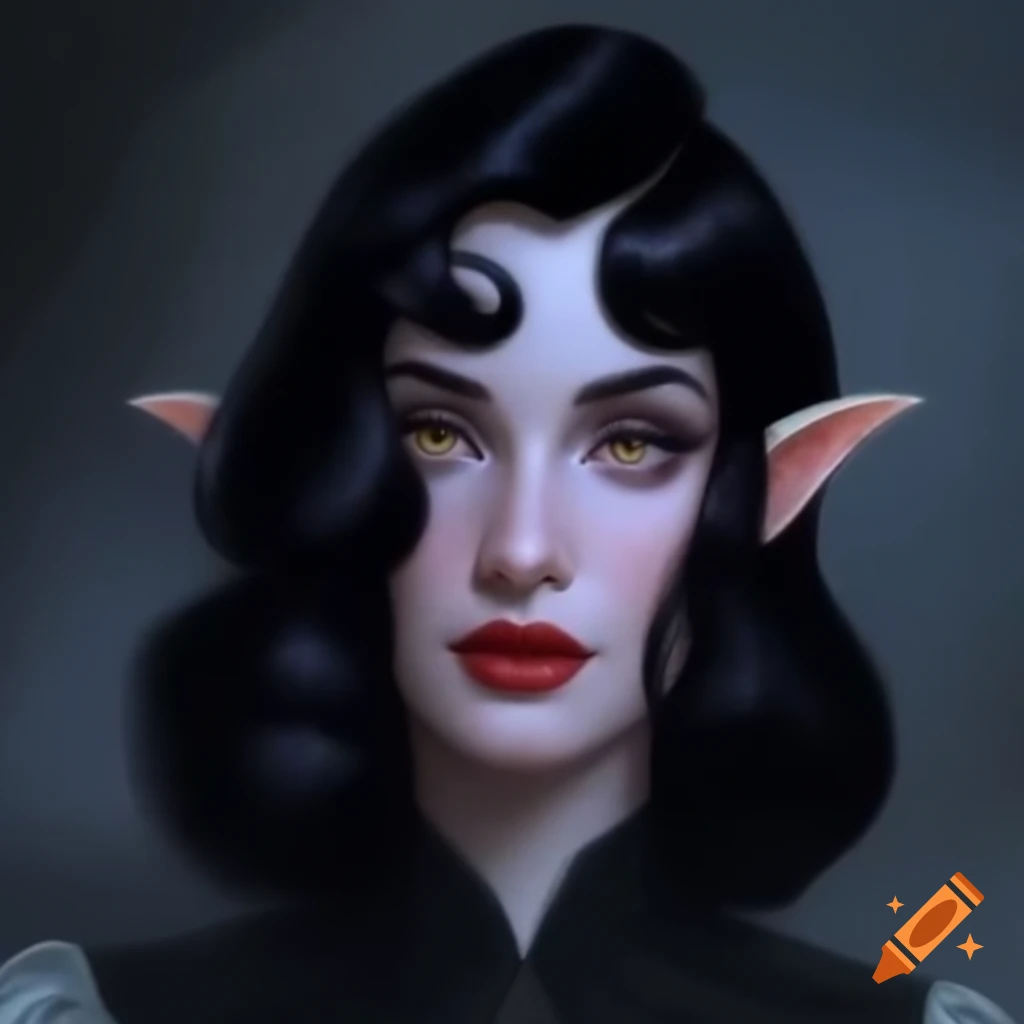 Ethereal elven woman in white blouse and black pencil skirt with captivating gaze on Craiyon