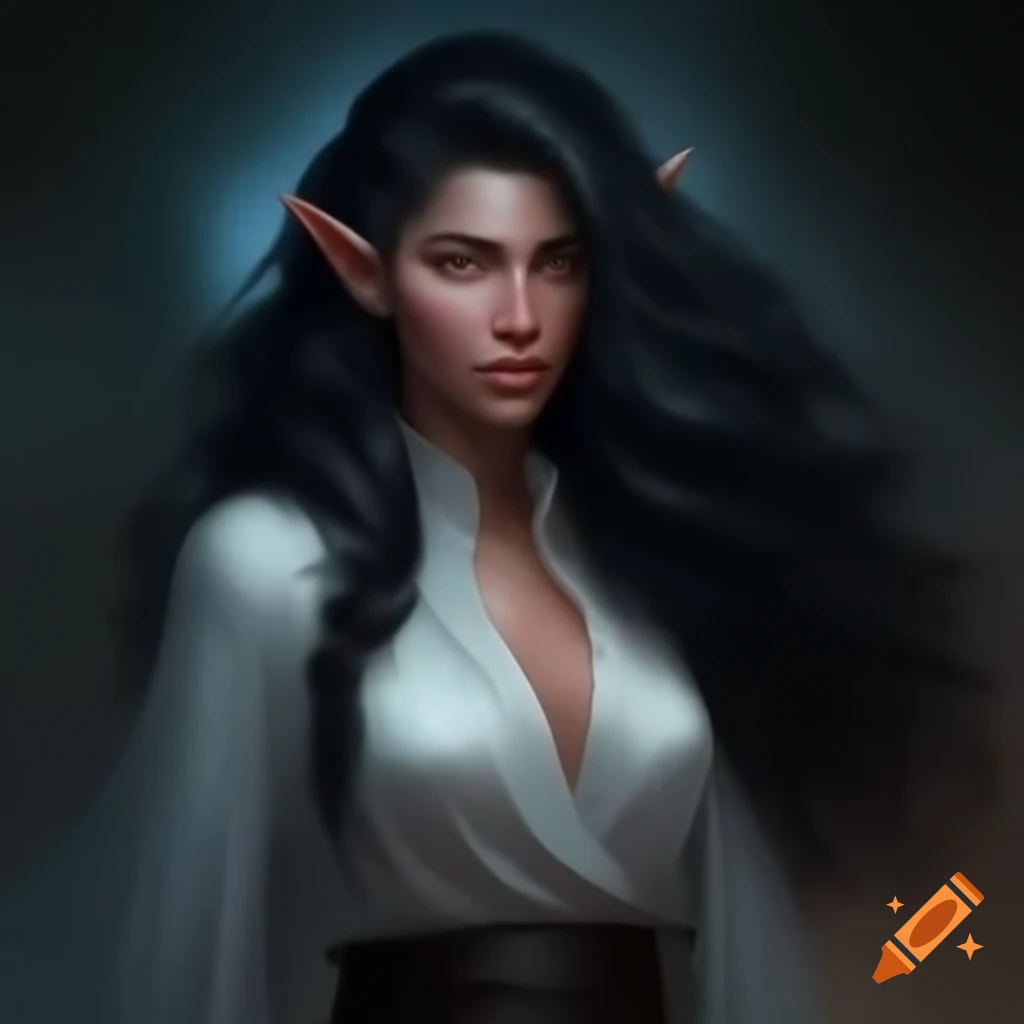 Ethereal elven woman in white blouse and black pencil skirt with captivating gaze on Craiyon