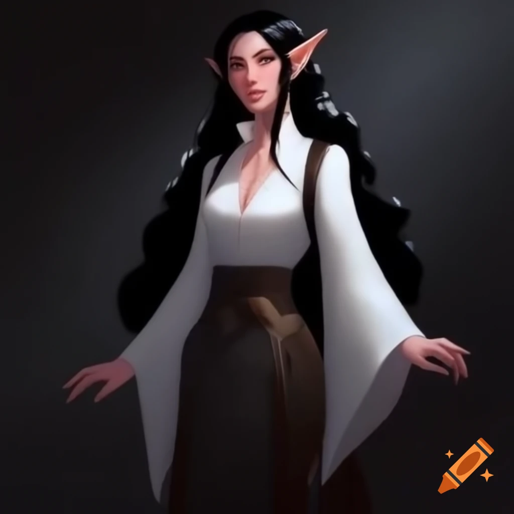 Ethereal elven woman in white blouse and pencil skirt, full-length portrait on Craiyon