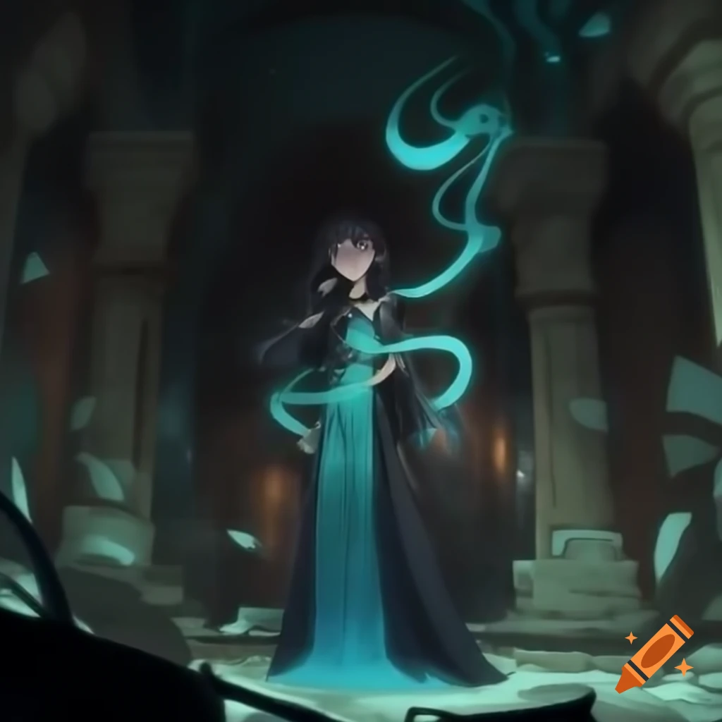 Young woman in magical robes reading ancient texts in underground ...