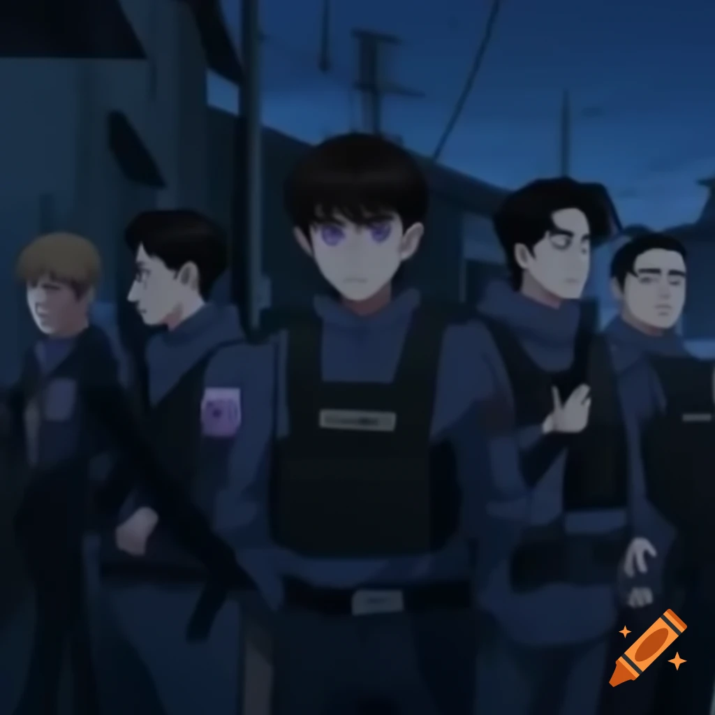 Young anime characters in bulletproof vests near modified black armored ...