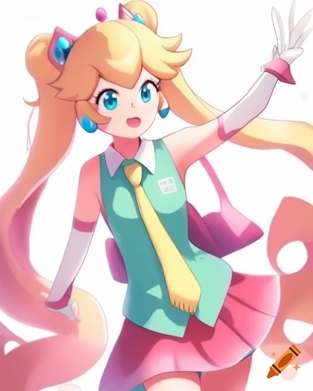 Anime character Princess Peach dressed in Hatsune Miku's outfit on Craiyon