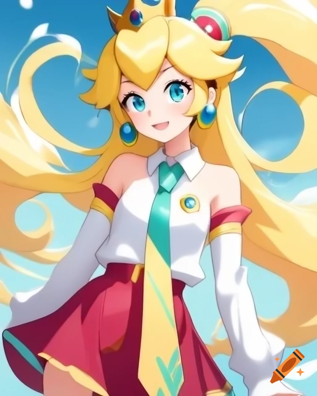 Anime character Princess Peach dressed in Hatsune Miku outfit on Craiyon
