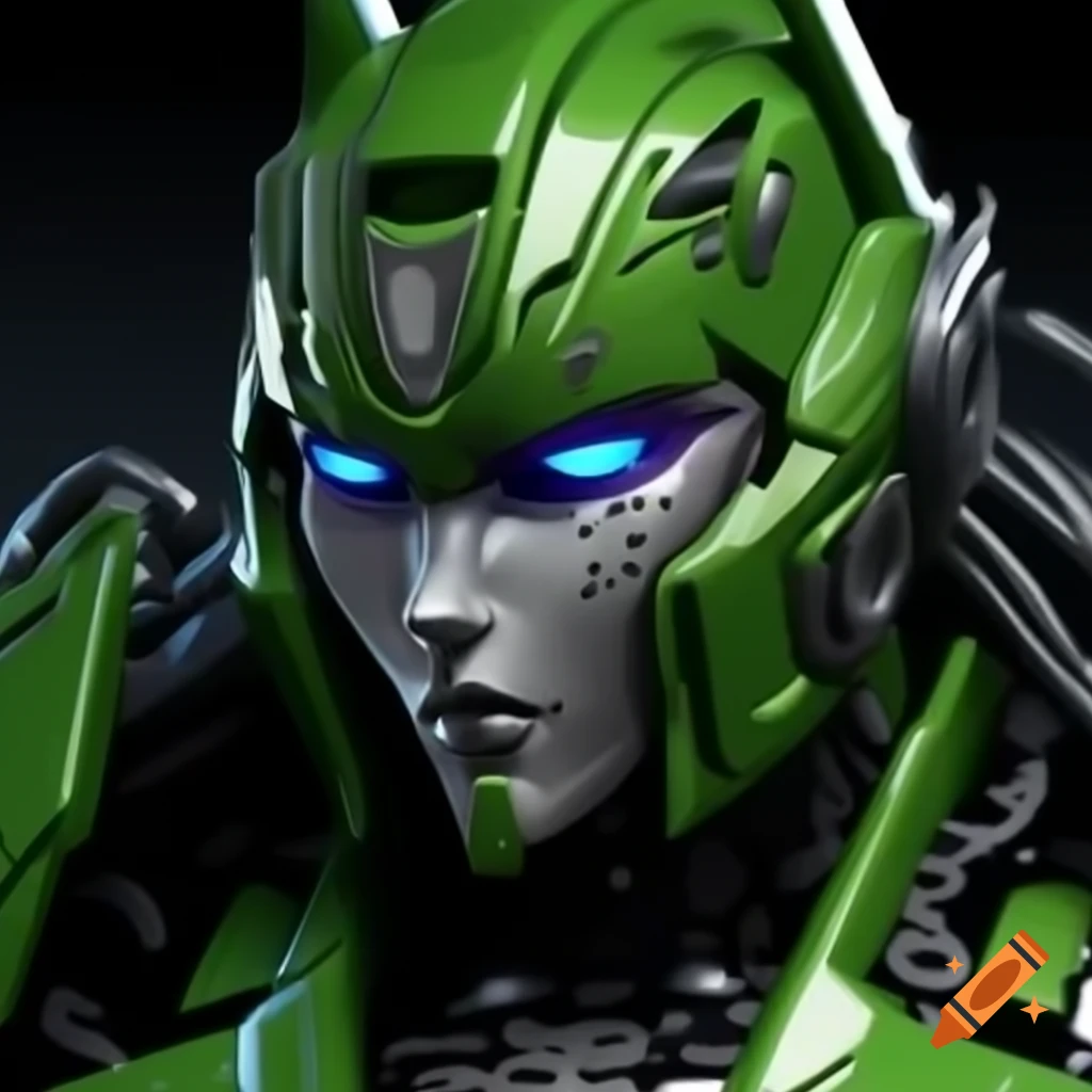 Detailed digital artwork of green female autobot with sleek design on ...