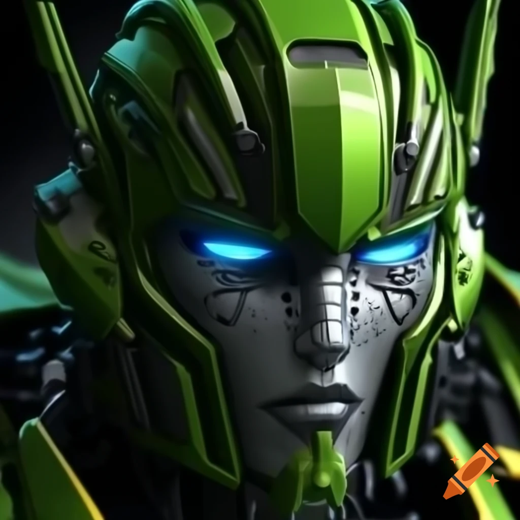 Detailed digital artwork of a sleek green female autobot on Craiyon
