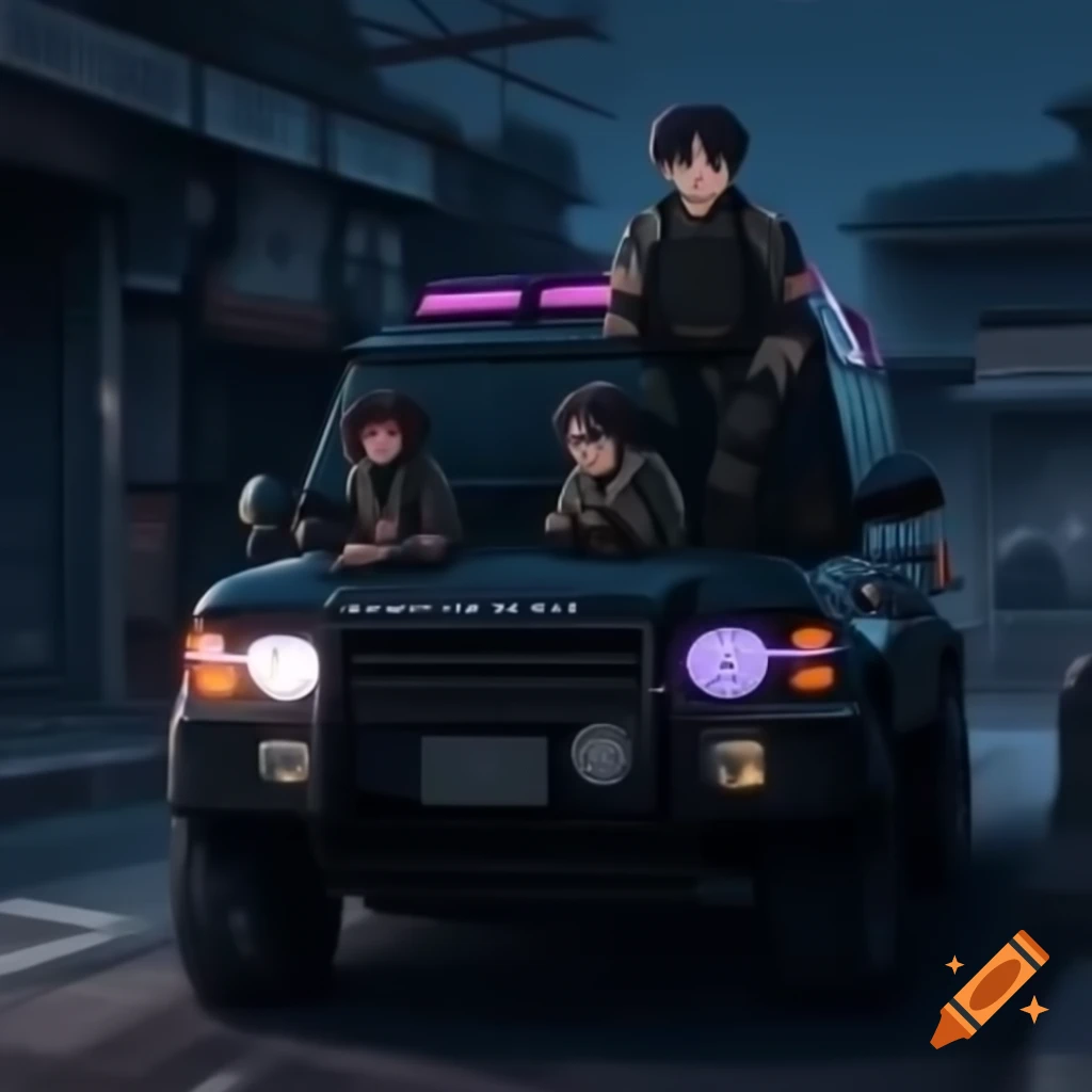 Anime characters in bulletproof vests with weapons next to modified ...