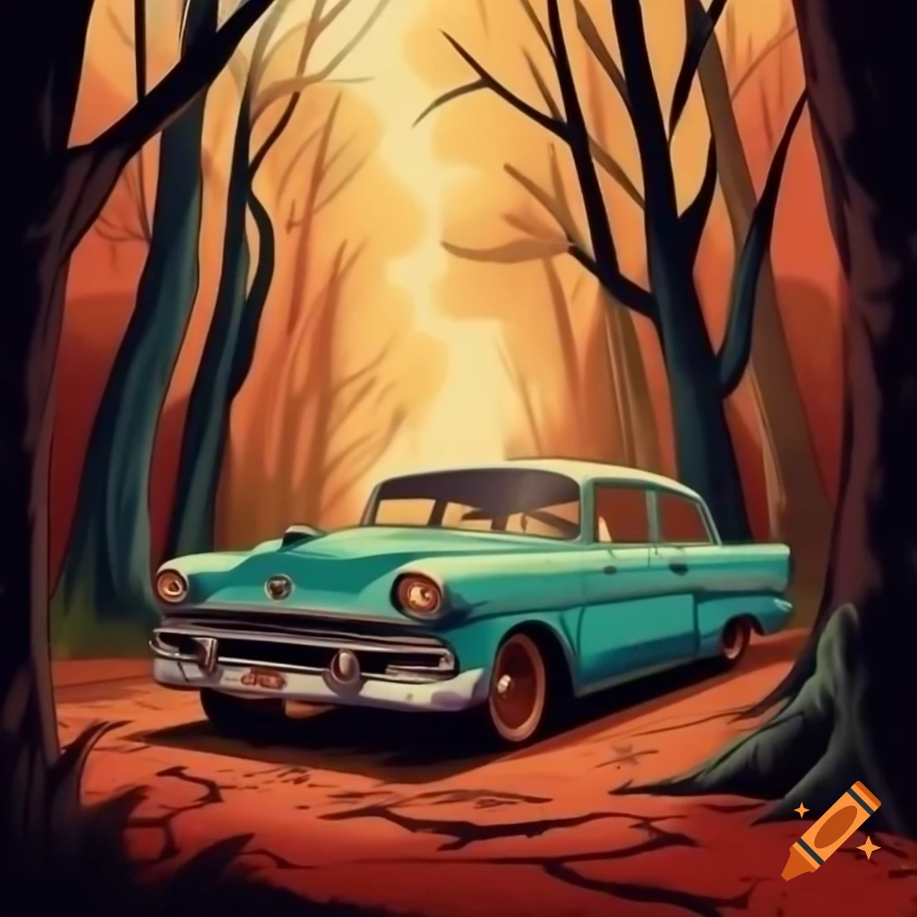 Vintage sedan, scratched and rusted, on deserted path in vibrant colors on Craiyon