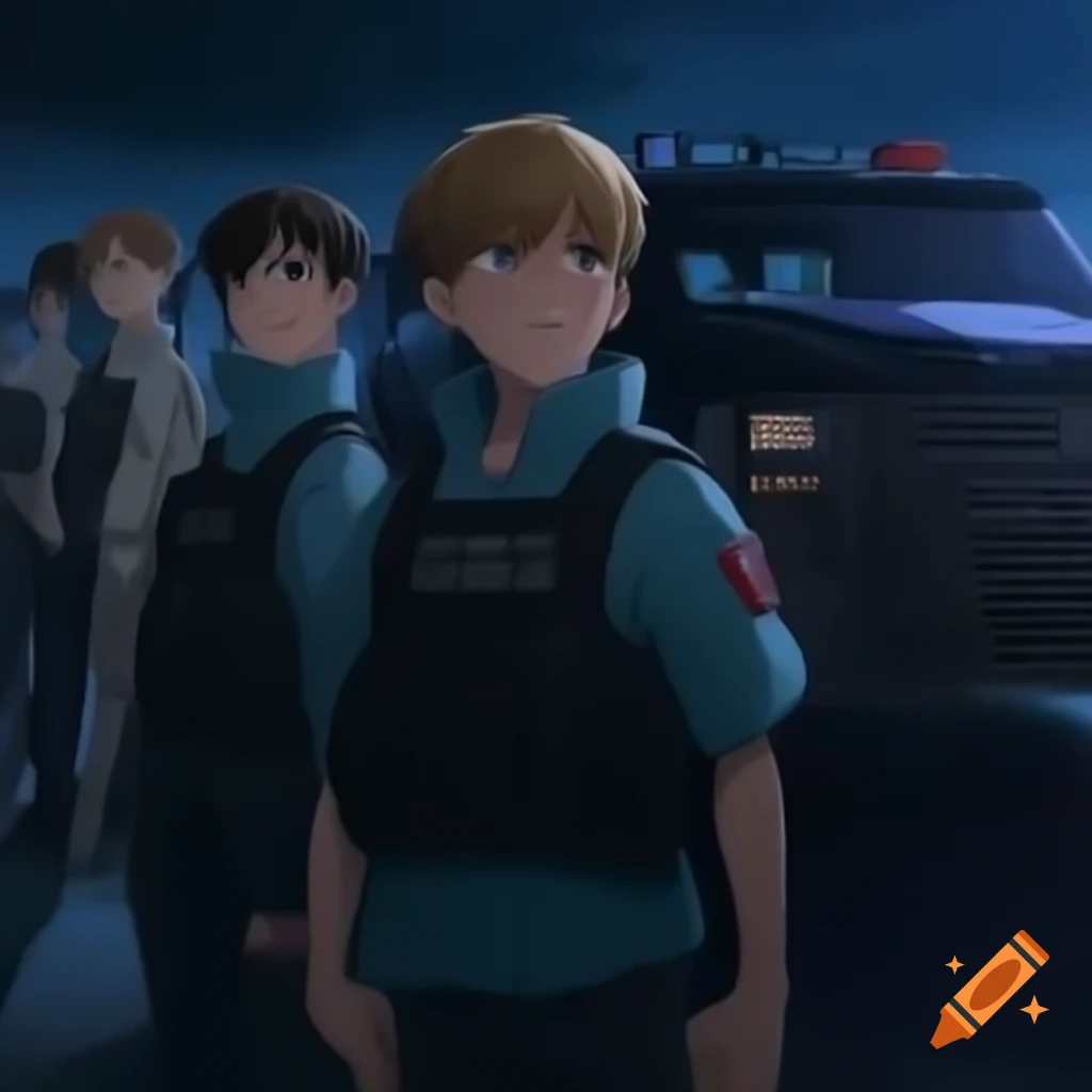 Anime characters in bulletproof vests with weapons beside a modified ...