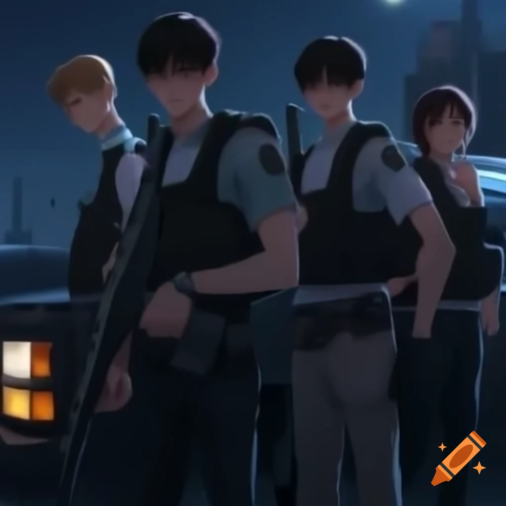 Young anime characters in bulletproof vests beside modified black ...