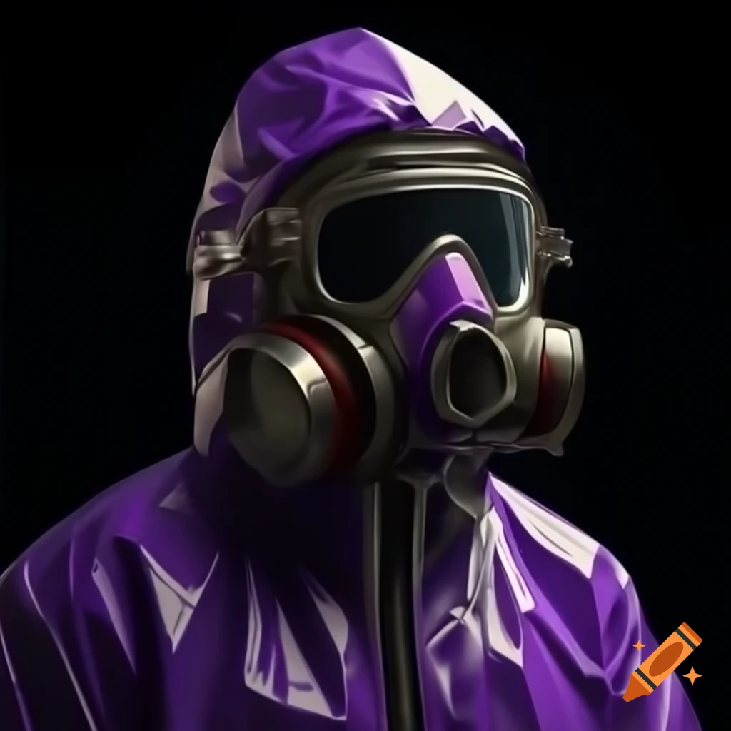 Sad purple rapper in animated hazmat suit against black background on ...
