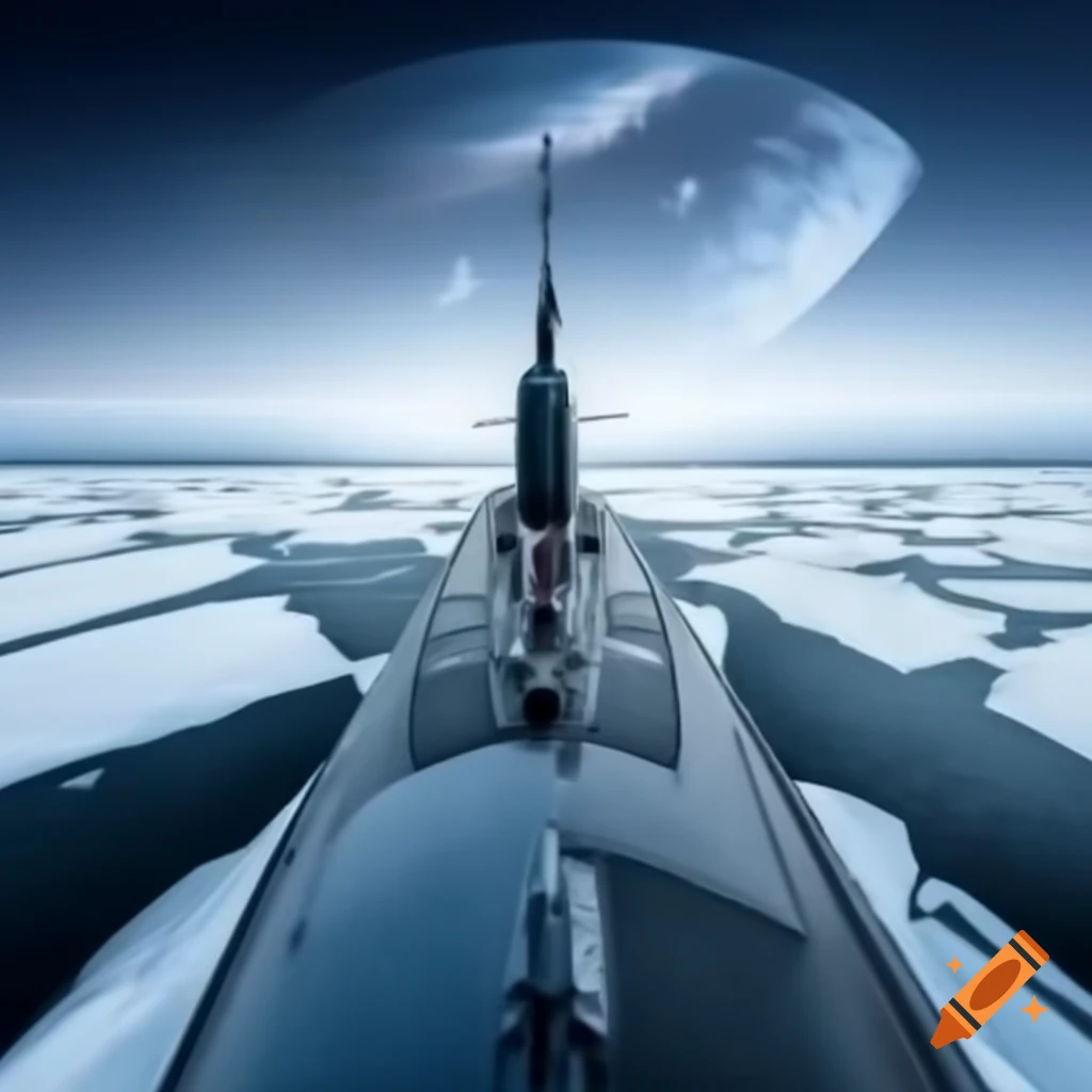 Submarine emerging from ice on Ganymede with Jupiter in the background on Craiyon