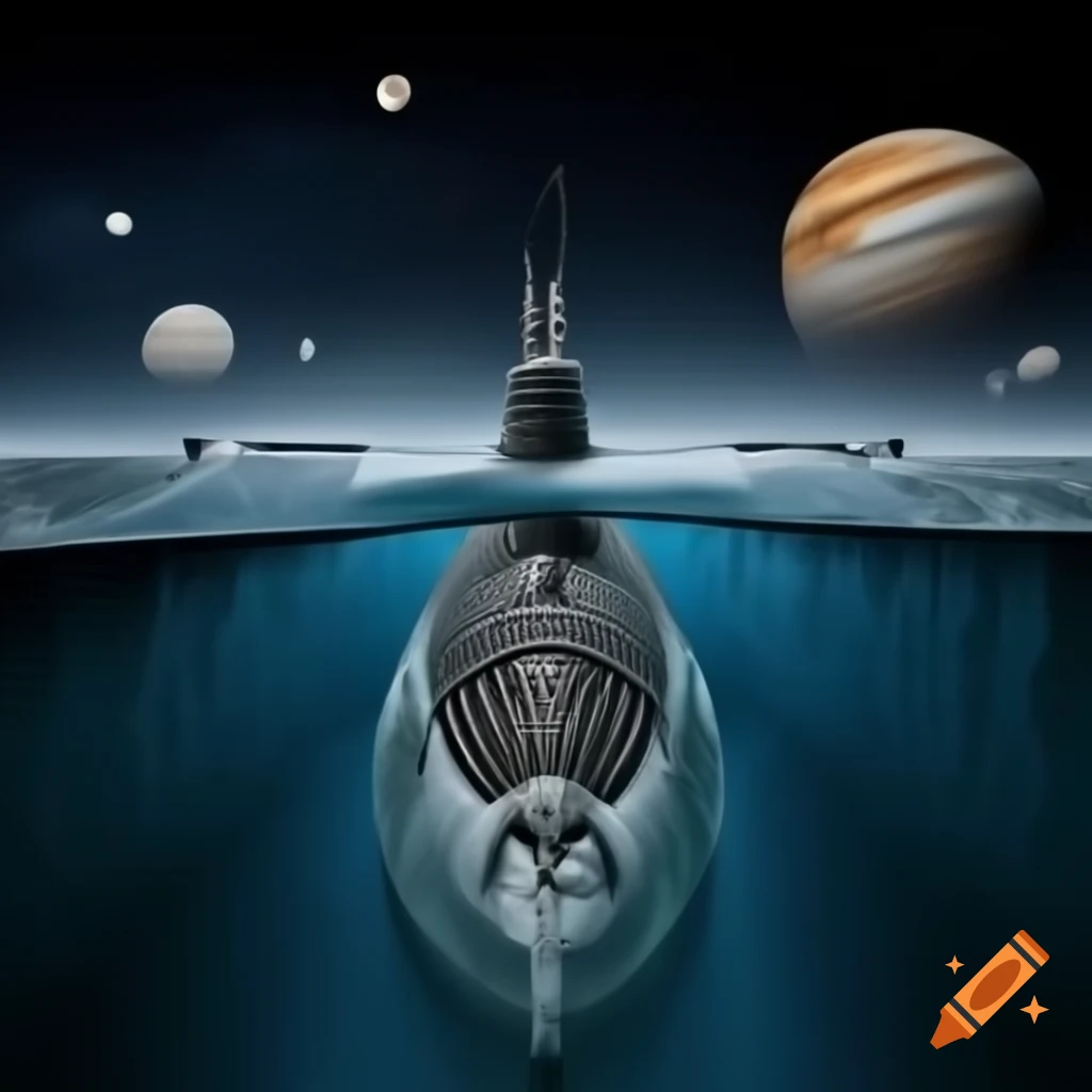 Submarine surfacing in icy canal on ganymede with jupiter and moons in night sky on Craiyon