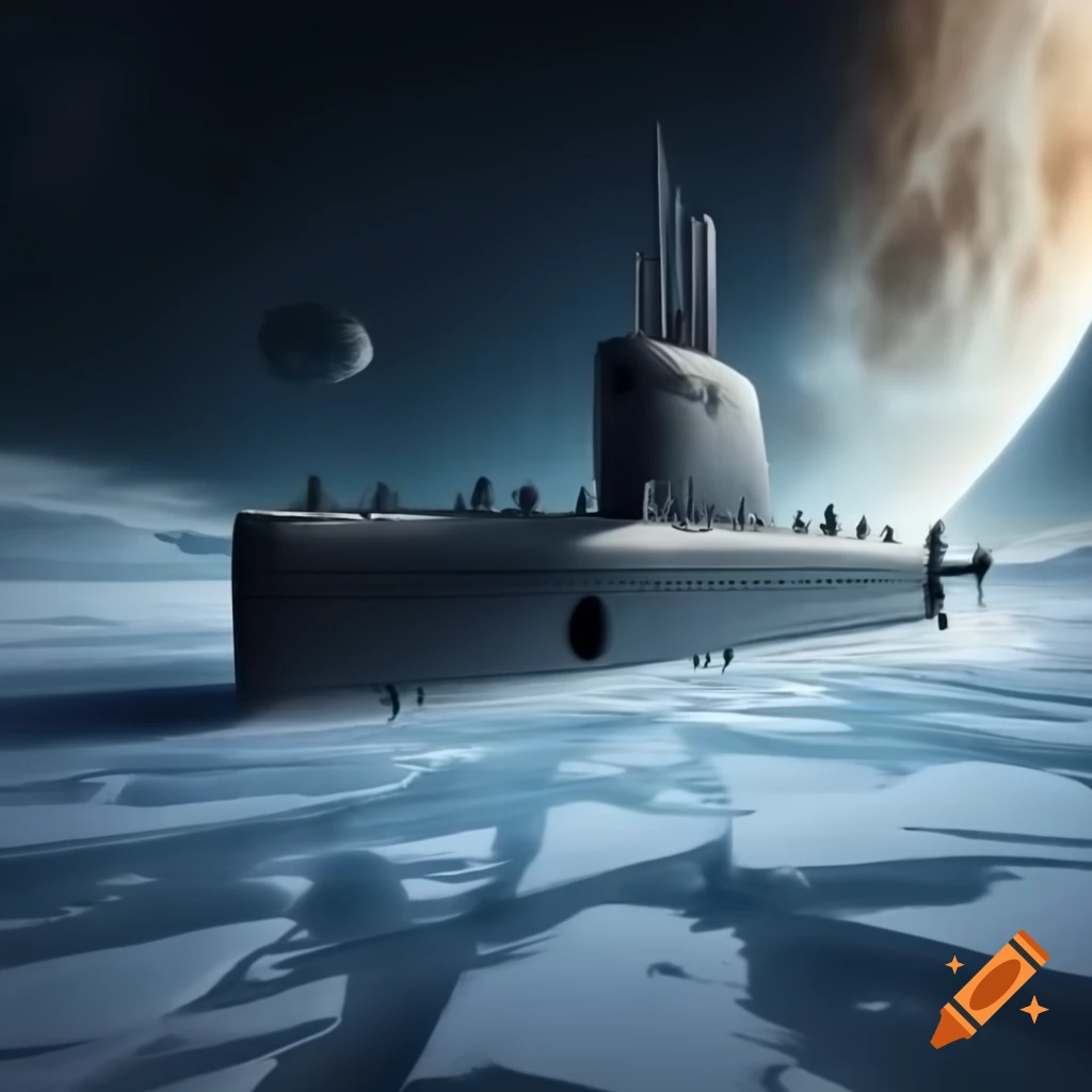 Submarine breaching icy surface of Ganymede canal with Jupiter in the background on Craiyon