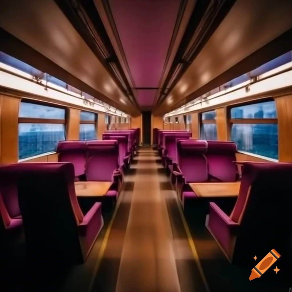 Cozy Scandinavian passenger train interior with chairs, tables, purple ...