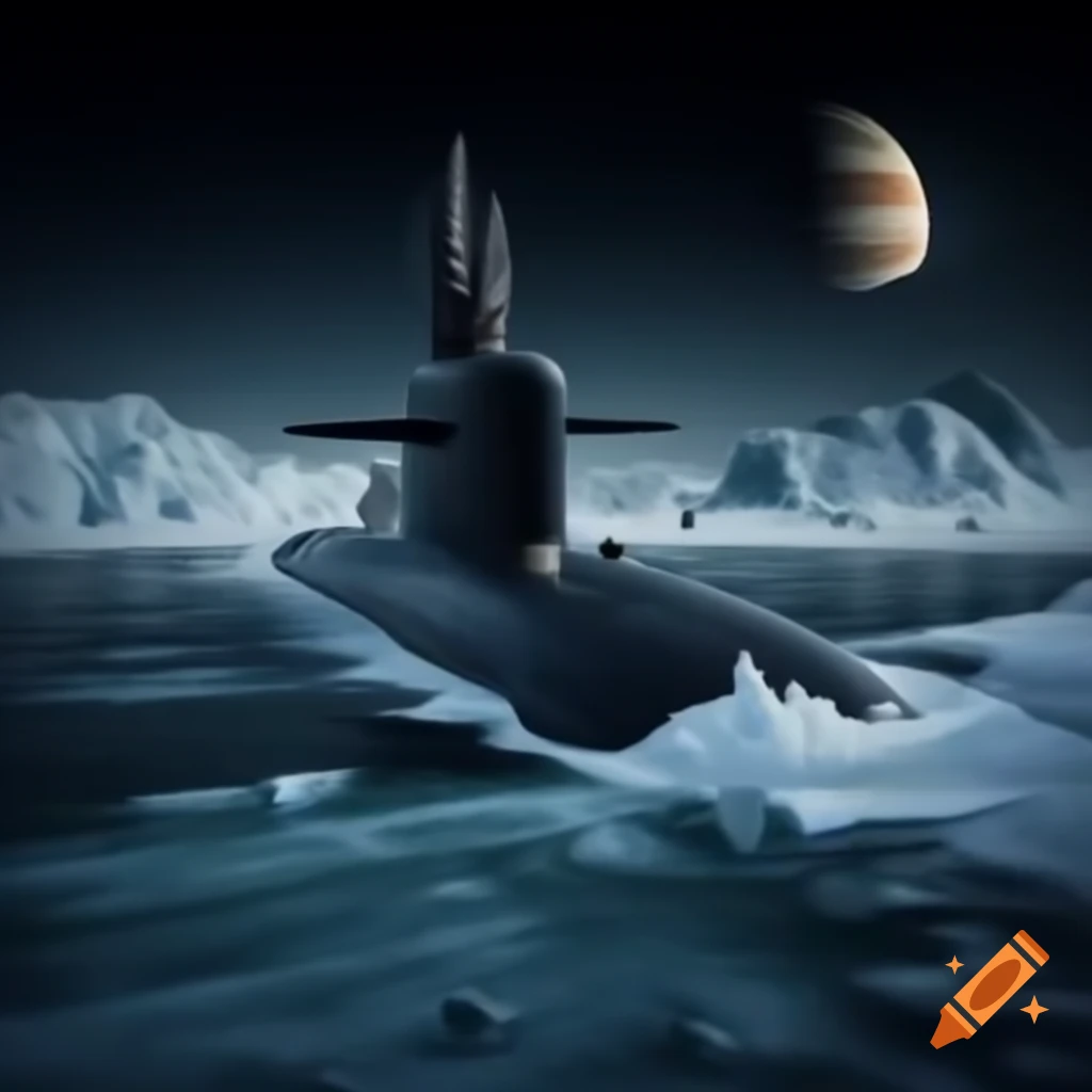 Submarine surfacing in icy canal on Ganymede with Jupiter and moons in night sky on Craiyon