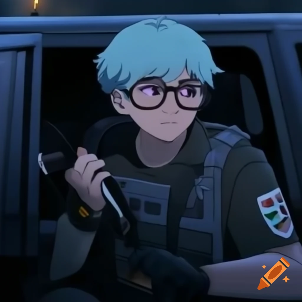 Anime character with glasses and blue hair in bulletproof vest driving ...