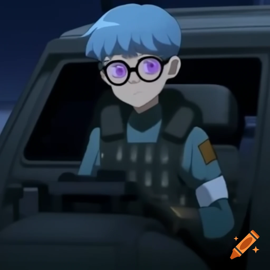 Anime character with glasses and light blue hair in bulletproof vest ...