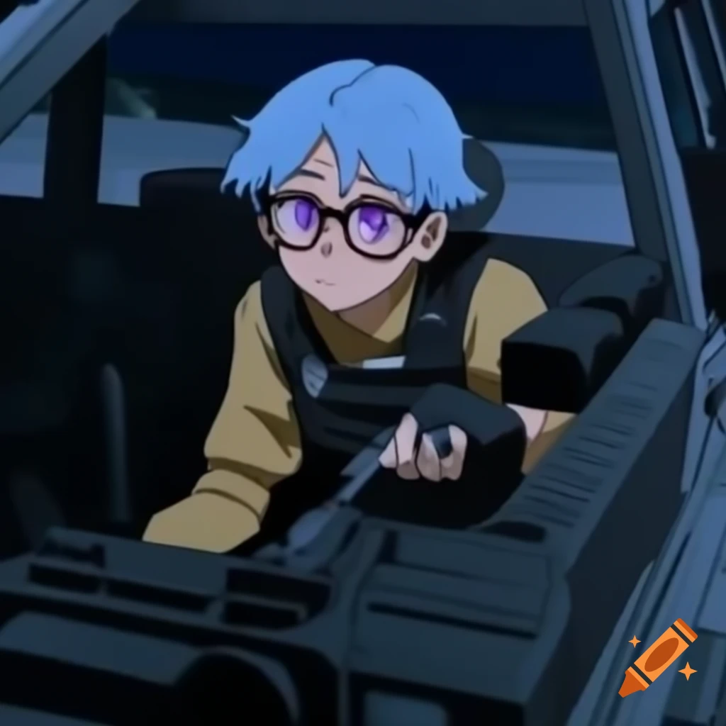 Anime character with glasses and light blue hair in bulletproof vest ...
