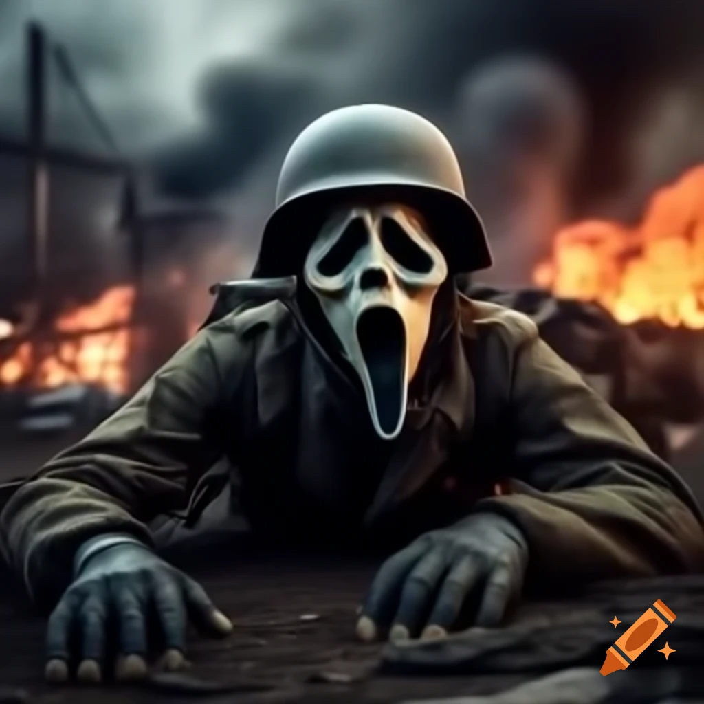 Ghost Face Scream character in WWII German helmet on smoky battleground ...