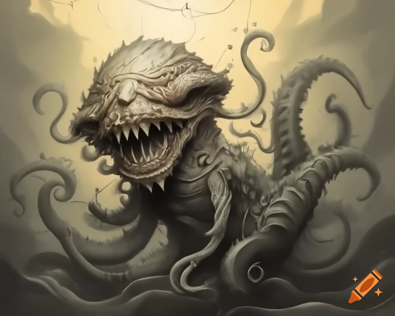 Deformed sea creature and astronaut wendigo in dark fantasy art on Craiyon