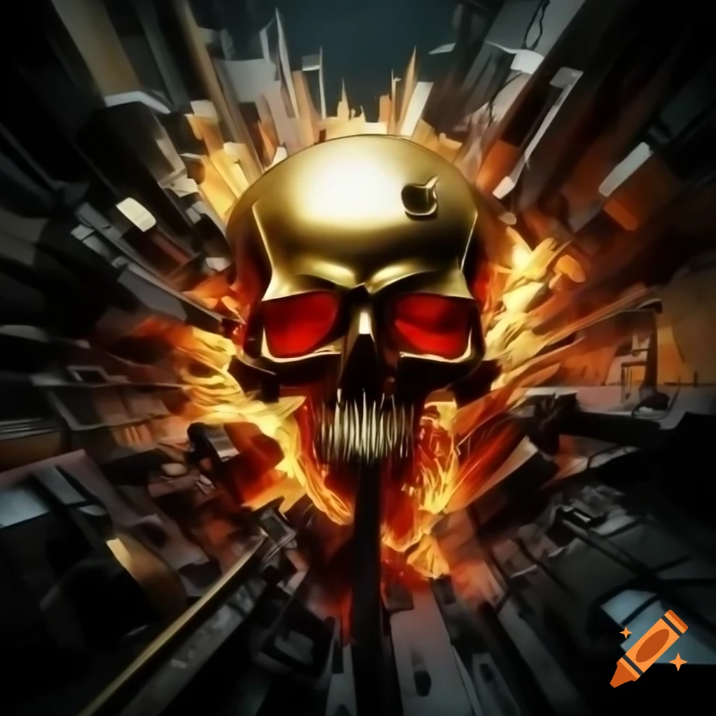Gleaming gold skull emblem amidst vivid 3D graffiti explosion on Craiyon
