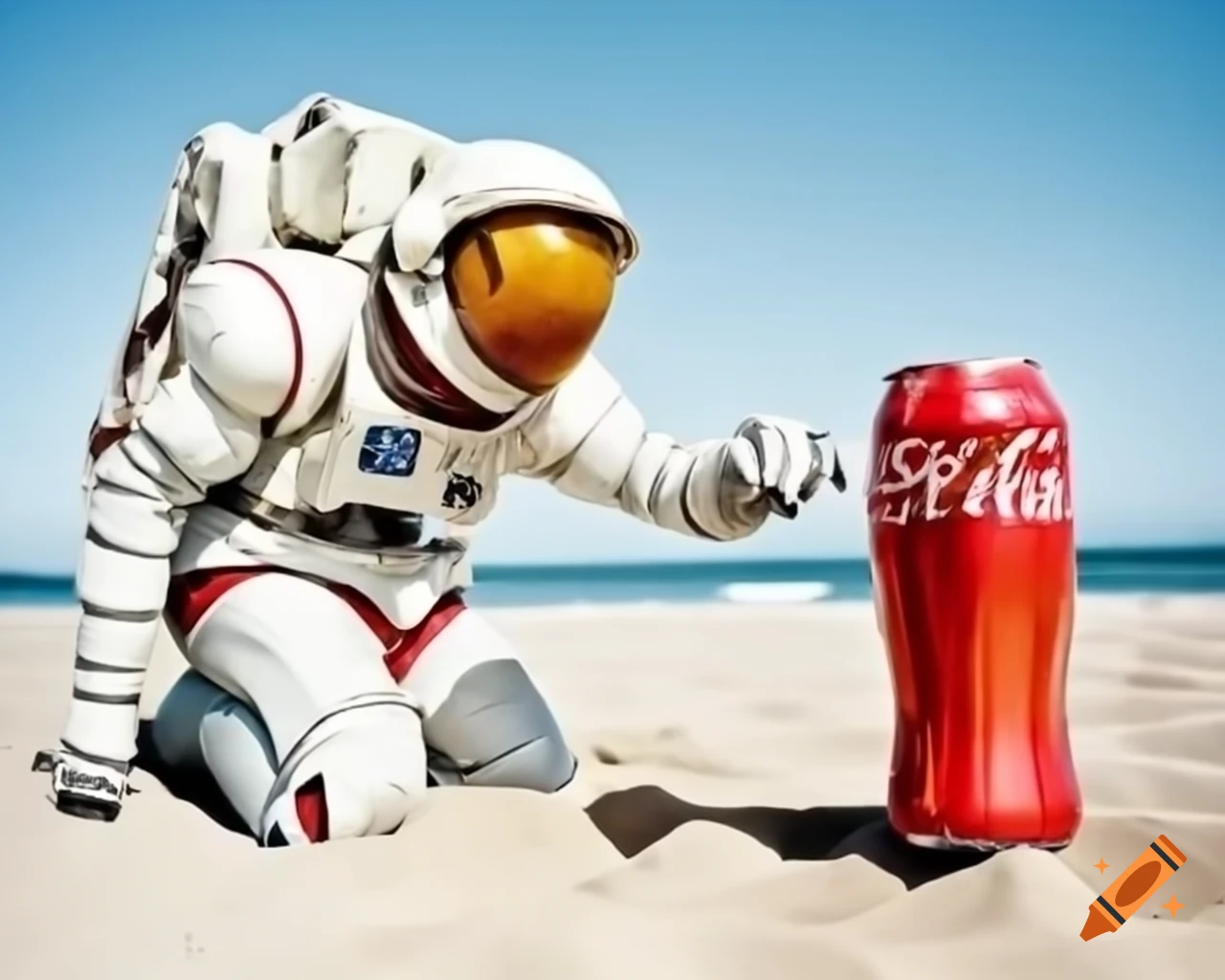 Astronaut in Metroid Samus suit drinking Coca-Cola on the beach on Craiyon