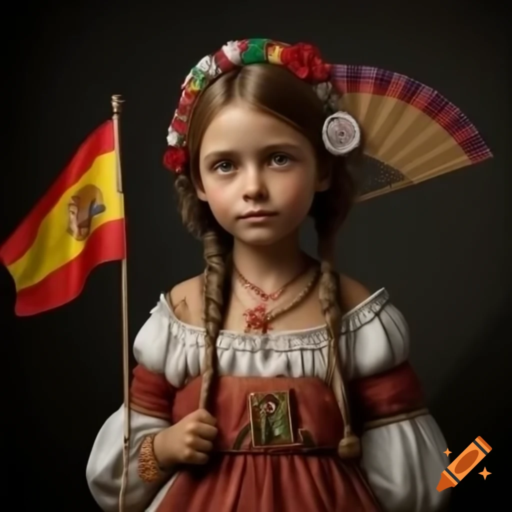 Ultra realistic Spanish woman in traditional Andalusian dress holding ...