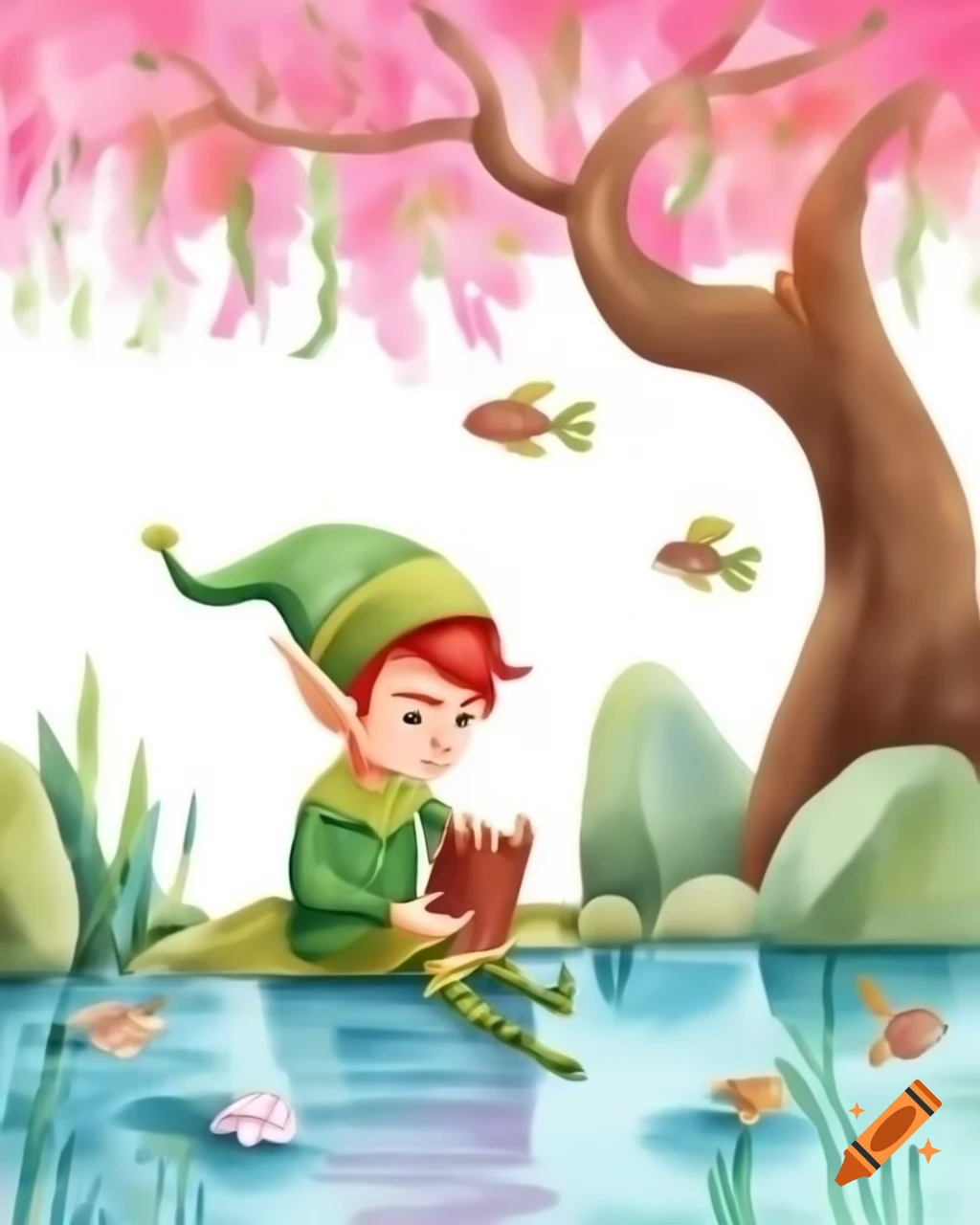Elf in blue sweater reading under pink tree with pond and fish ...