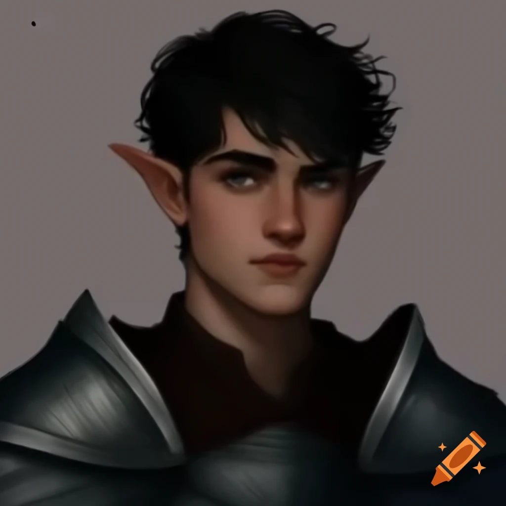 Young male half-elf paladin-sorcerer in black chainmail in action pose ...