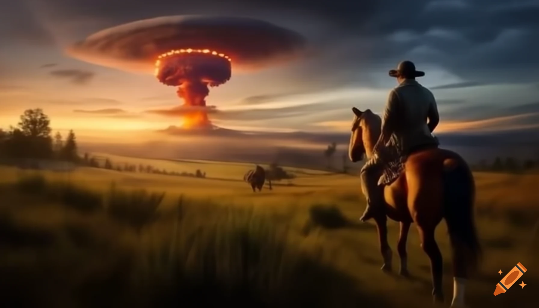 Man riding horse towards sunset with nuclear explosion in background ...