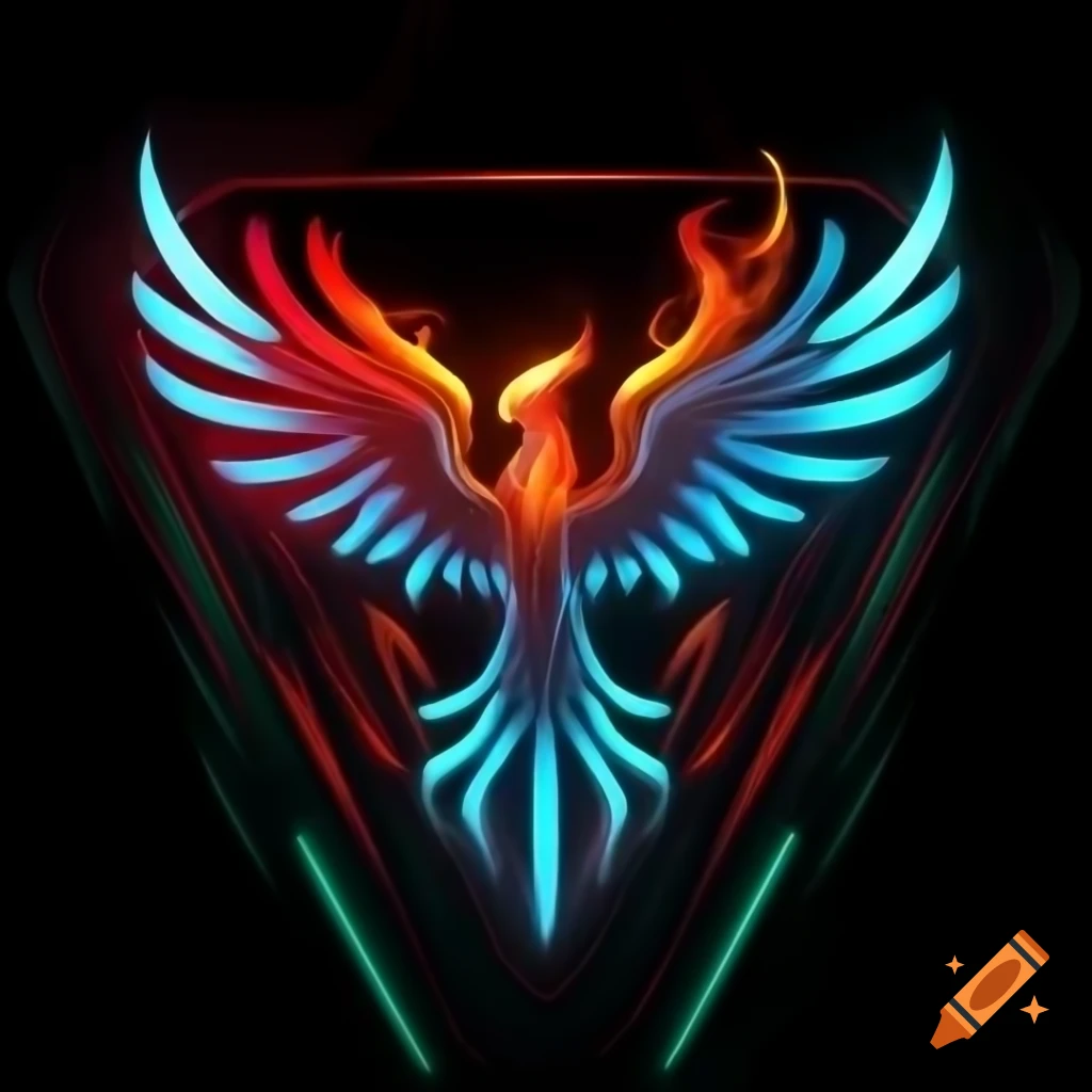 Cybernetic phoenix logo with neon flames representing rebirth on Craiyon