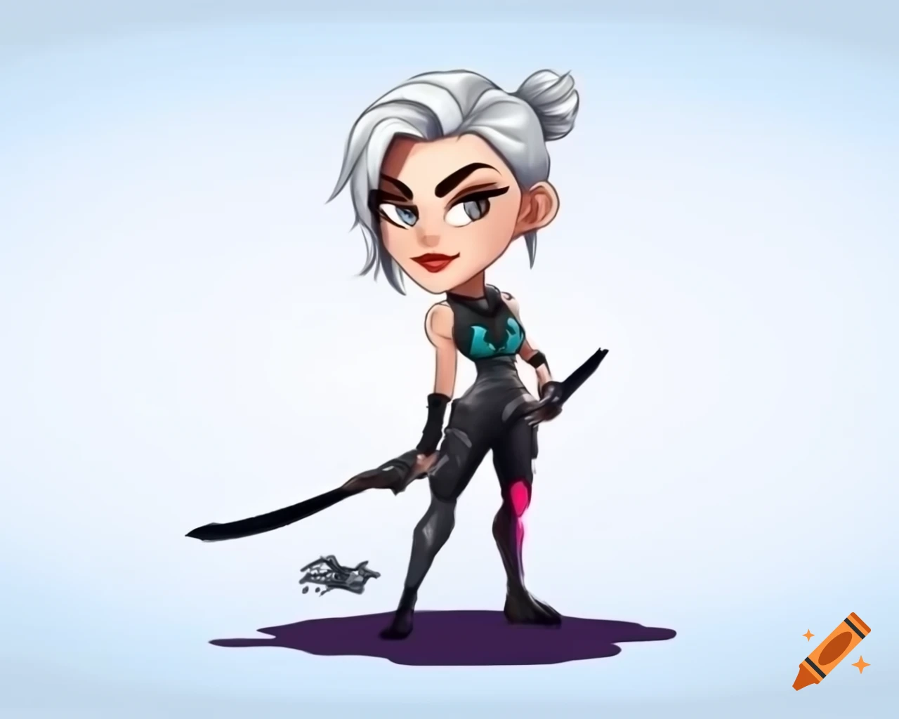 Caricature of Jett from Valorant in dynamic pose, cartoon style on Craiyon