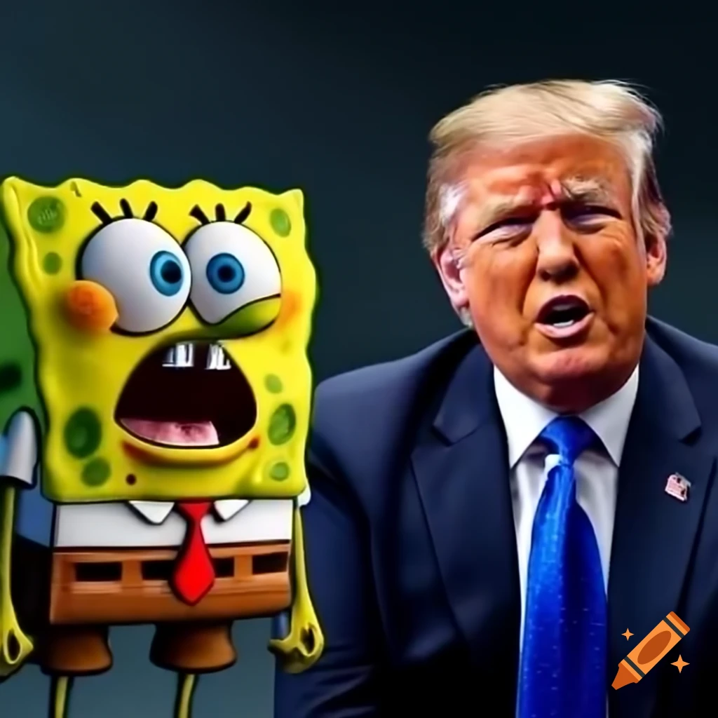 Donald Trump and SpongeBob SquarePants in an intense argument on Craiyon
