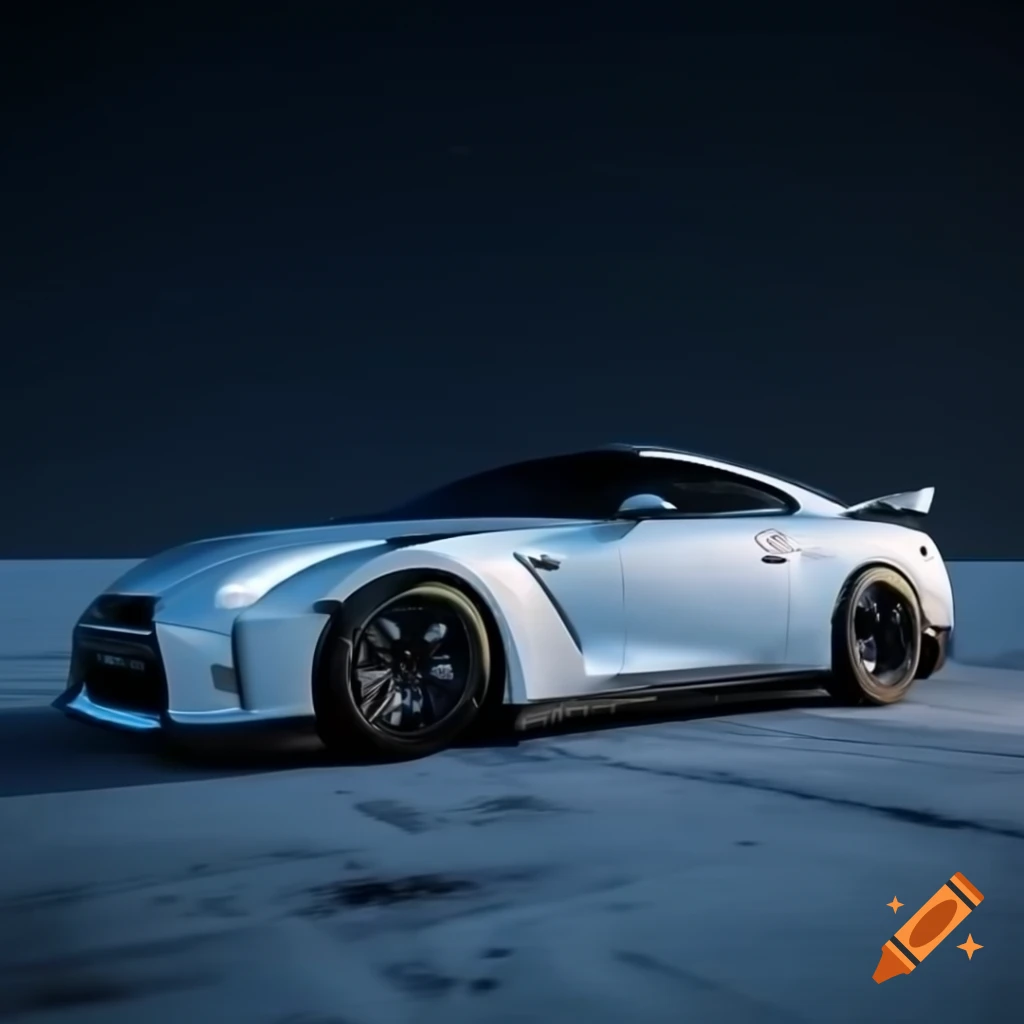 Futuristic minimalistic white Nissan GTR in Arctic at night, realistic ...